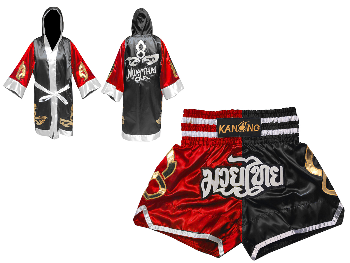 Custom Boxing Robe and Muay Thai Shorts : Set-143-Red-Black ...